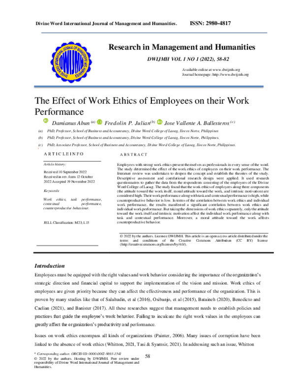 (PDF) The Effect of Work Ethics of Employees on their Work Performance