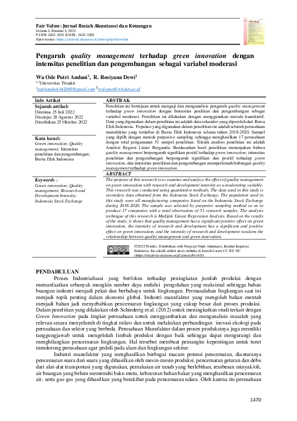(PDF) Pengaruh quality management terhadap green innovation dengan intensitas penelitian dan ...