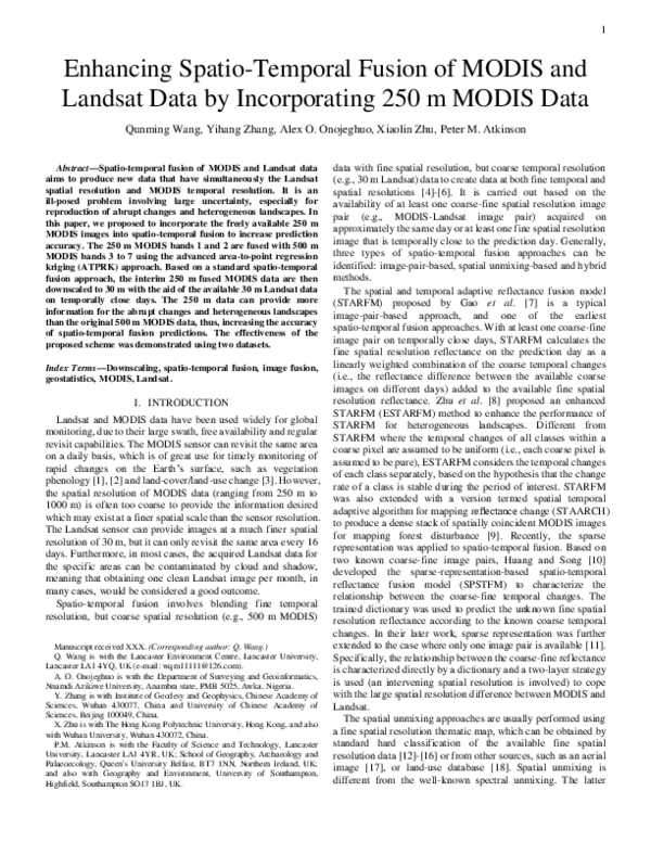 Pdf Enhancing Spatio Temporal Fusion Of Modis And Landsat Data By Incorporating 250 M Modis Data
