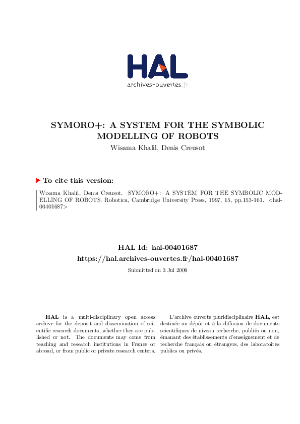 (PDF) SYMORO+: A system for the symbolic modelling of robots