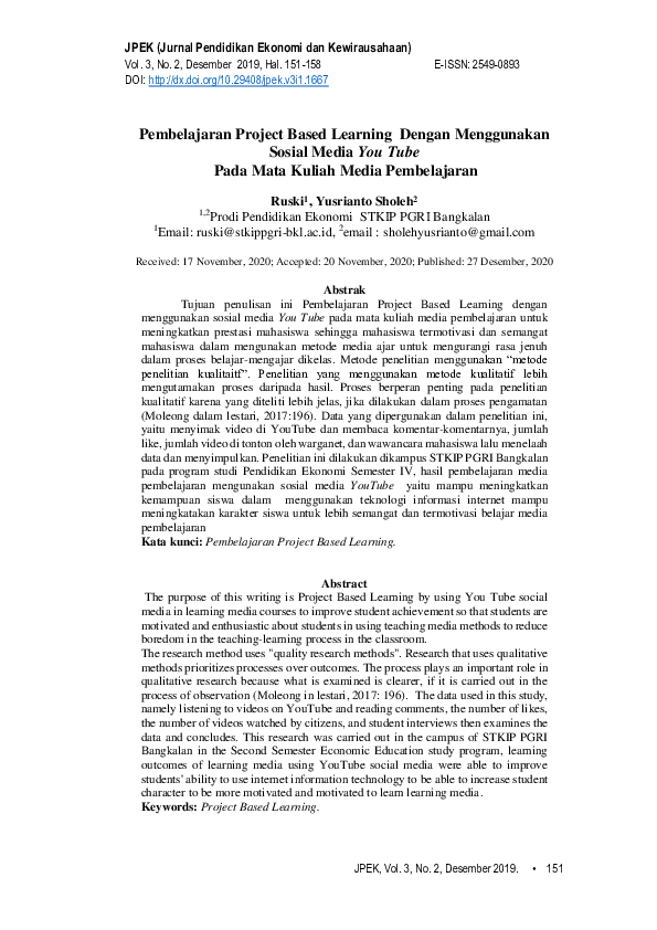 (PDF) Pembelajaran Project Based Learning Dengan Menggunakan Sosial Media You Tube Pada Mata ...