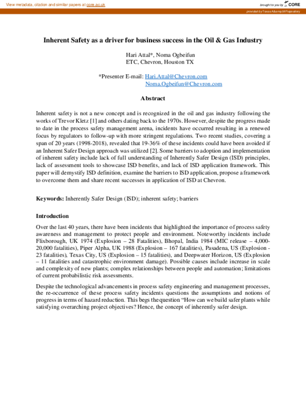 (PDF) Inherent Safety as a driver for business success in the Oil & Gas ...
