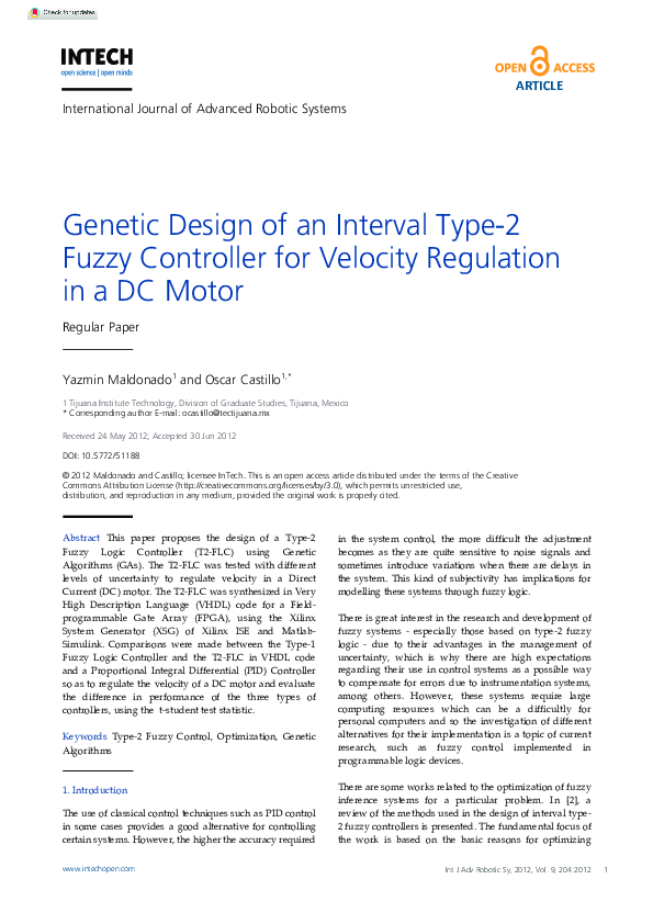 (PDF) Genetic Design of an Interval Type-2 Fuzzy Controller for Velocity Regulation in a DC Motor