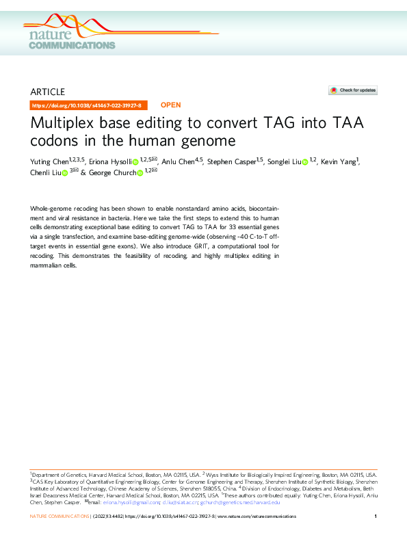 (PDF) Multiplex base editing to convert TAG into TAA codons in the ...