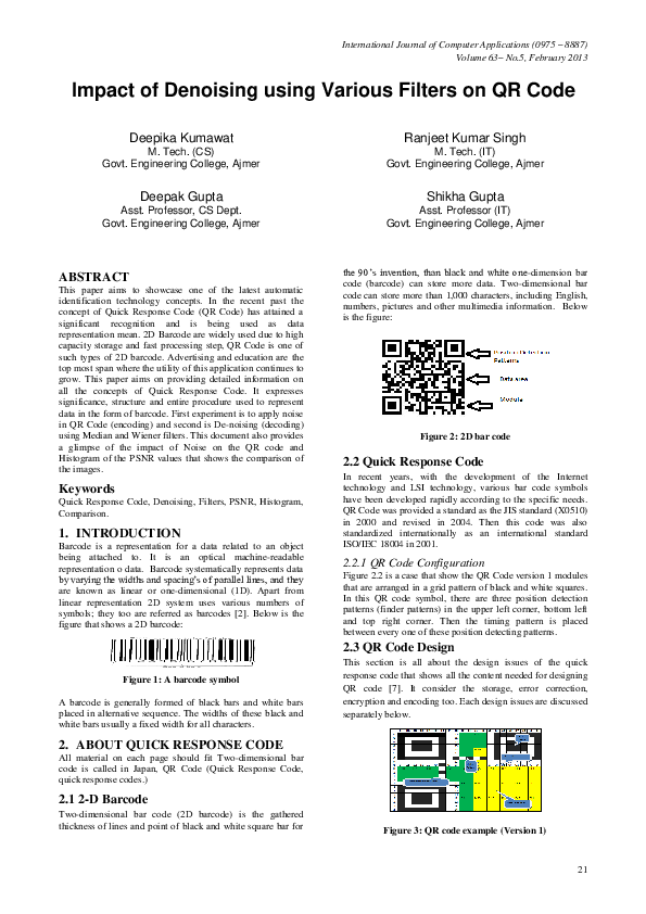 (PDF) Impact of Denoising using Various Filters on QR Code