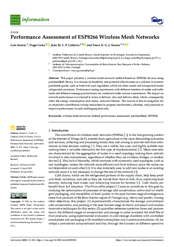 (PDF) Performance Assessment of ESP8266 Wireless Mesh Networks