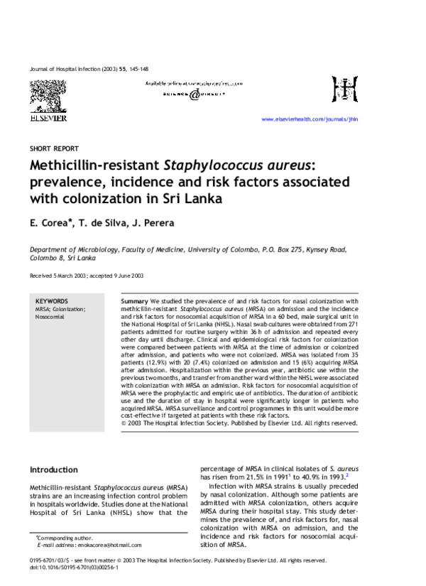 Pdf Methicillin Resistant Staphylococcus Aureus Prevalence Incidence And Risk Factors