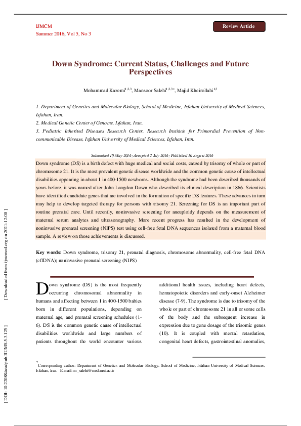 (PDF) Down Syndrome: Current Status, Challenges and Future Perspectives