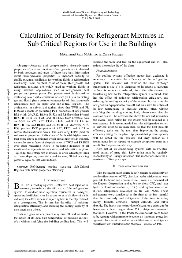 (PDF) Calculation Of Density For Refrigerant Mixtures In Sub Critical ...