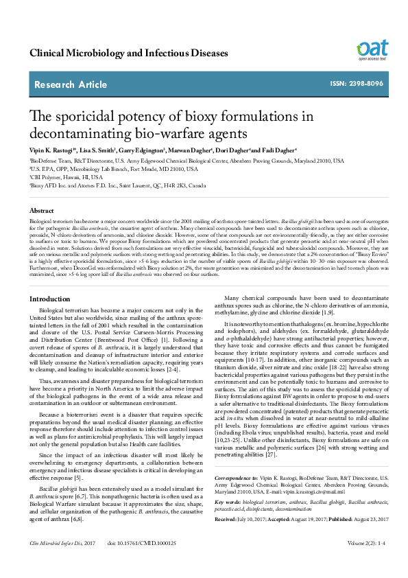 (PDF) The Sporicidal Potency of Bioxy Formulations in Decontaminating ...