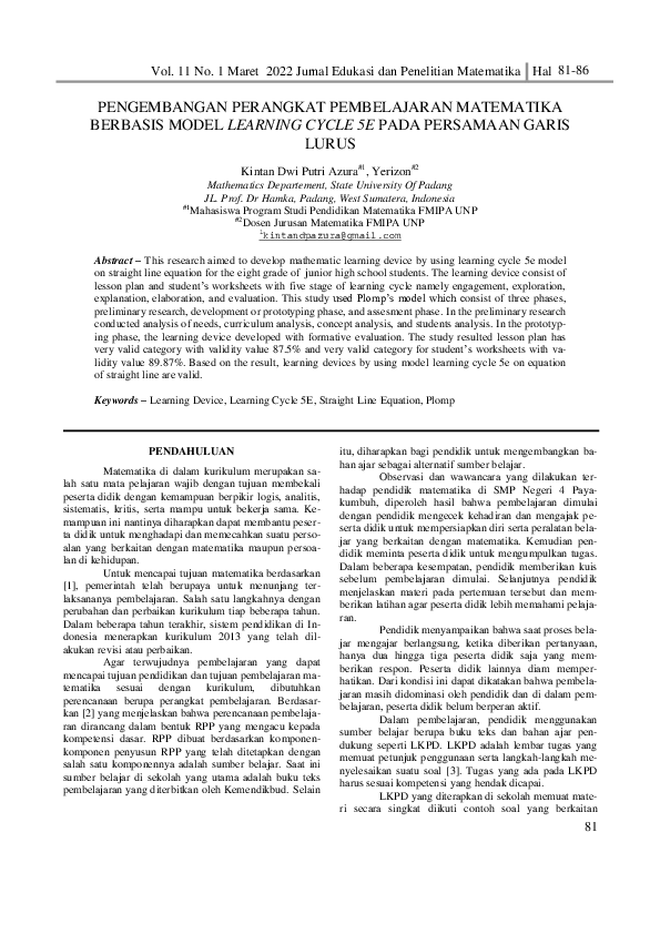 (PDF) Pengembangan Perangkat Pembelajaran Matematika Berbasis Model Learning Cycle 5E Pada ...