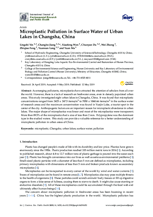 (PDF) Microplastic Pollution in Surface Water of Urban Lakes in Changsha, China