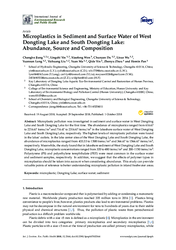 (PDF) Microplastics in Sediment and Surface Water of West Dongting Lake and South Dongting Lake ...