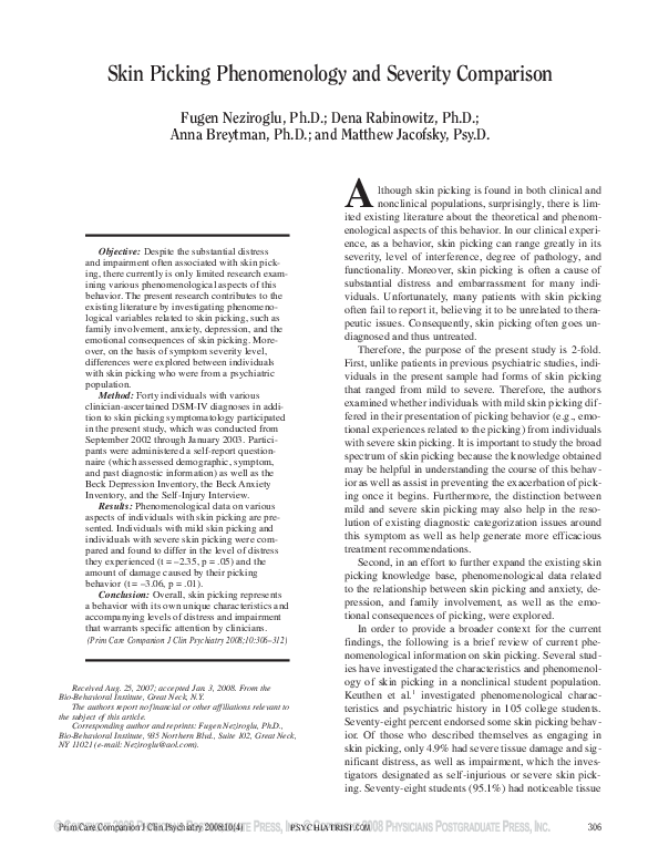 (PDF) Skin Picking Phenomenology and Severity Comparison