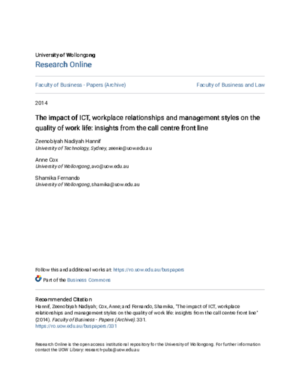 (PDF) The impact of ICT, workplace relationships and management styles ...