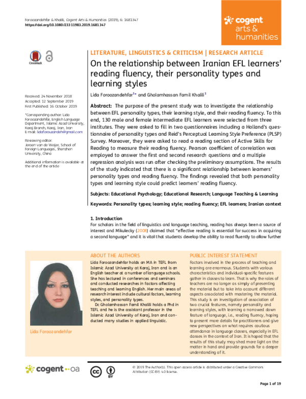 (PDF) On the relationship between Iranian EFL learners’ reading fluency, their personality types ...