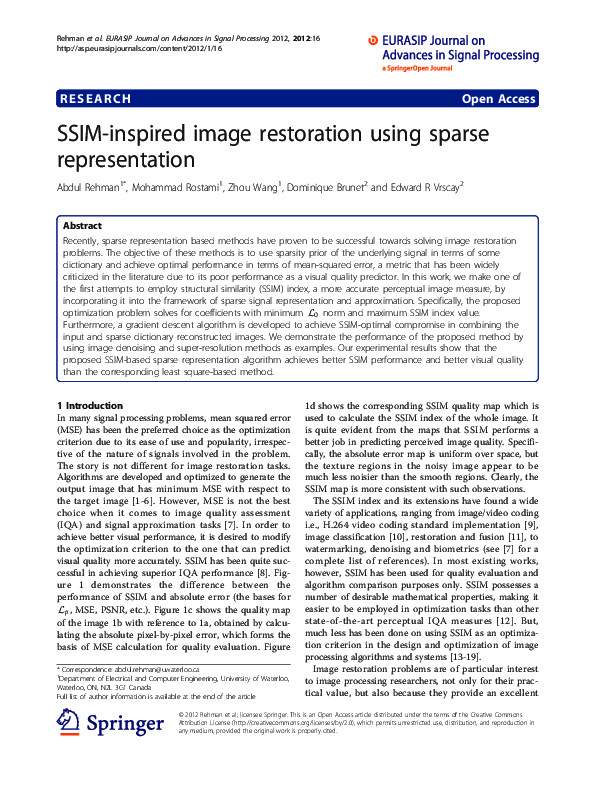 Pdf Ssim Inspired Image Restoration Using Sparse Representation Abdul Rehman