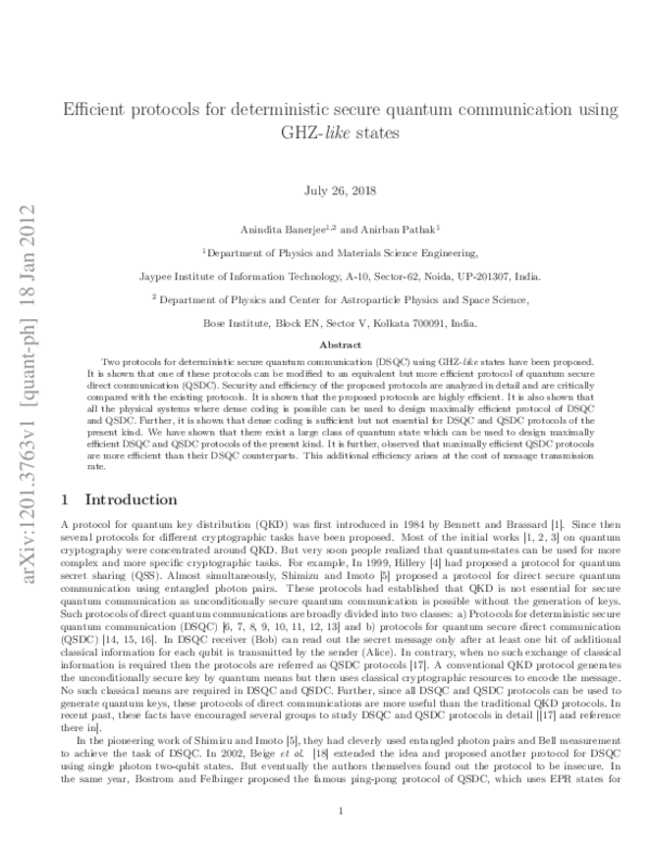 Pdf Efficient Protocols For Deterministic Secure Quantum Communication Using Ghz Like States