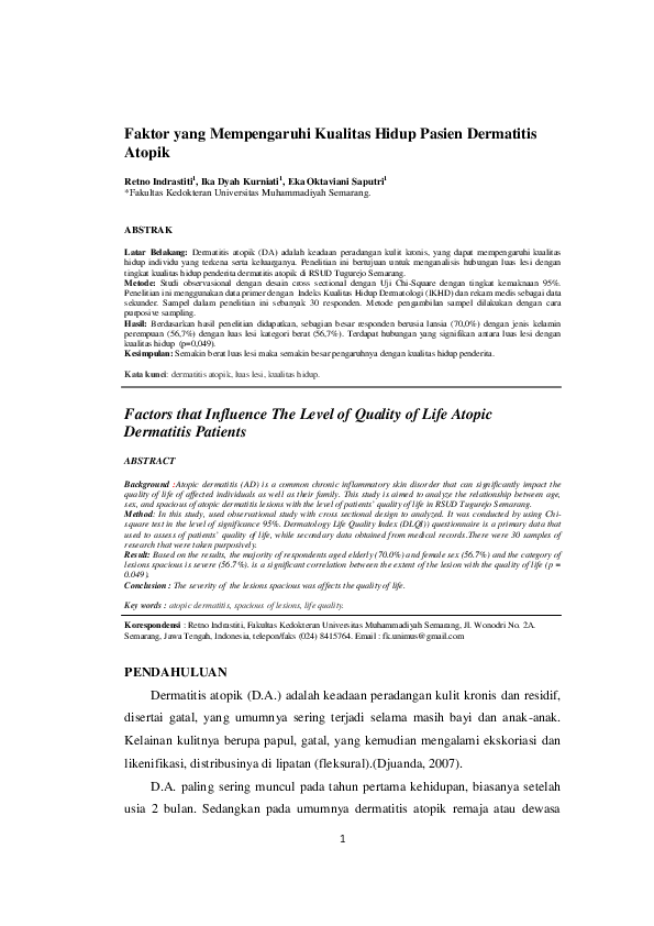 (PDF) Faktor yang Mempengaruhi Kualitas Hidup Pasien Dermatitis Atopik Factors that Influence ...