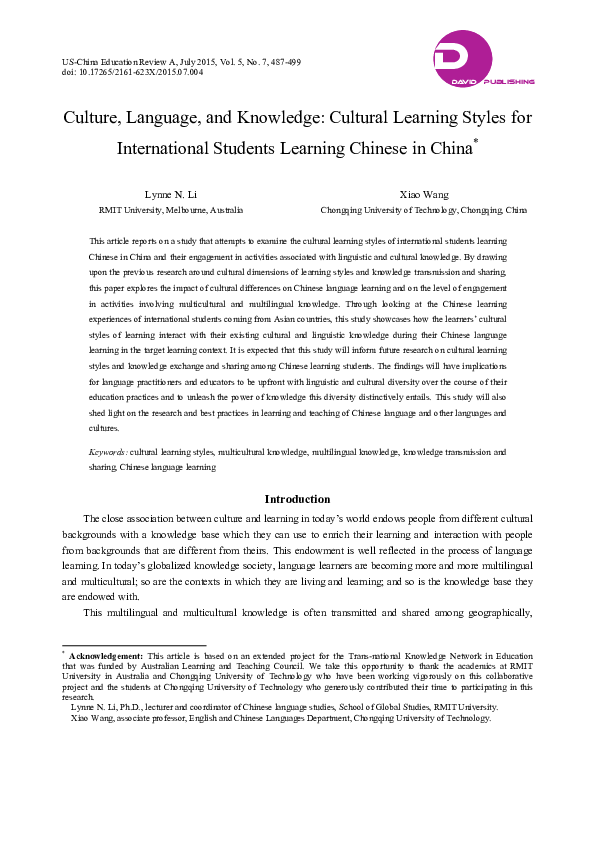 (PDF) Culture, Language, and Knowledge: Cultural Learning Styles for ...