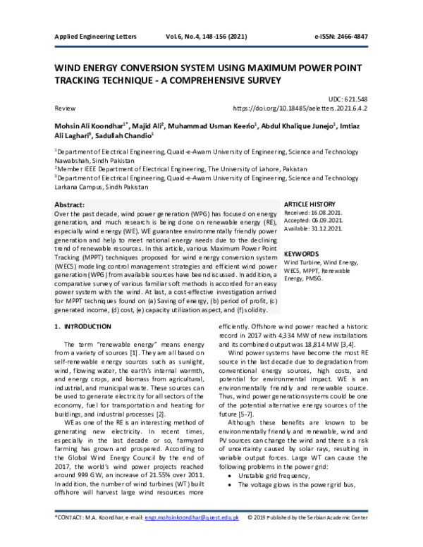 (PDF) Wind Energy Conversion System Using Maximum Power Point Tracking Technique — A ...