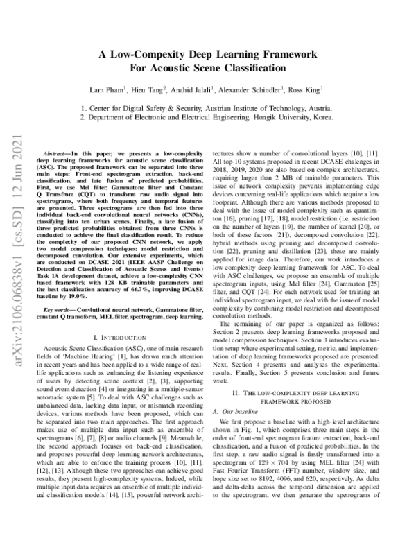 Pdf A Low Compexity Deep Learning Frameworkfor Acoustic Scene Classification