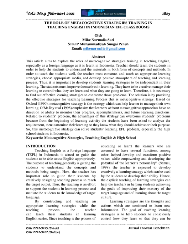 (PDF) The Role of Metacognitive Strategies Training in Teaching English in Indonesian Efl ...