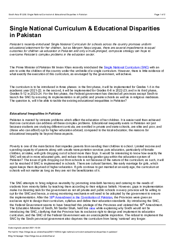 (PDF) Single National Curriculum & educational disparities in Pakistan