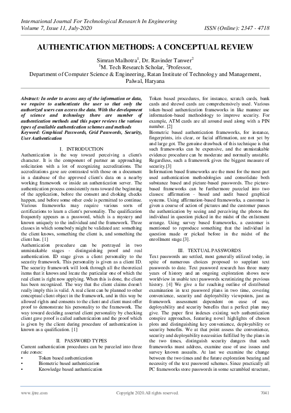 (PDF) Authentication Methods: A Conceptual Review
