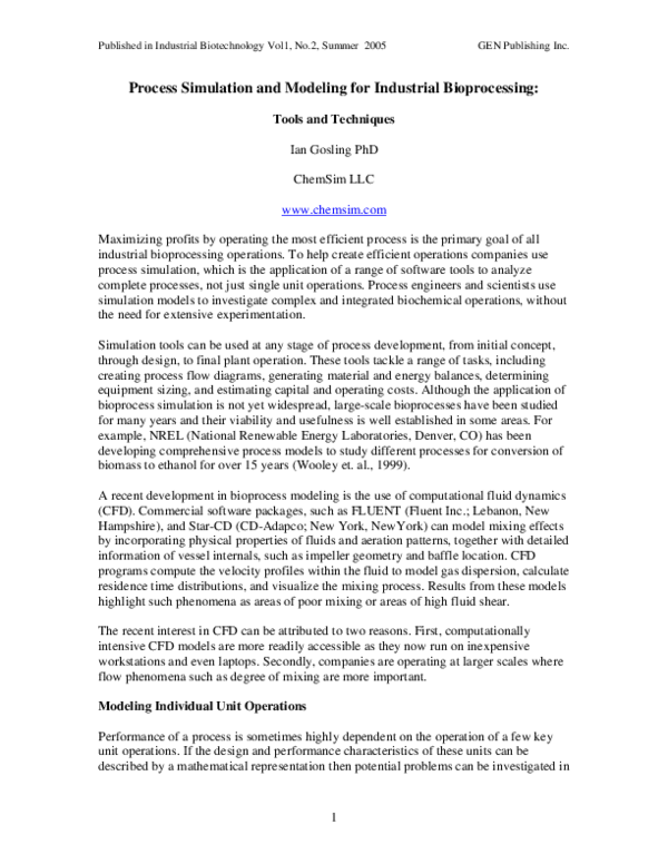 (PDF) Process simulation and modeling for industrial bioprocessing: Tools and techniques