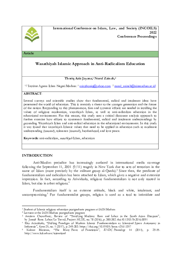 (PDF) Wasathiyah Islamic Approach in Anti-Radicalism Education