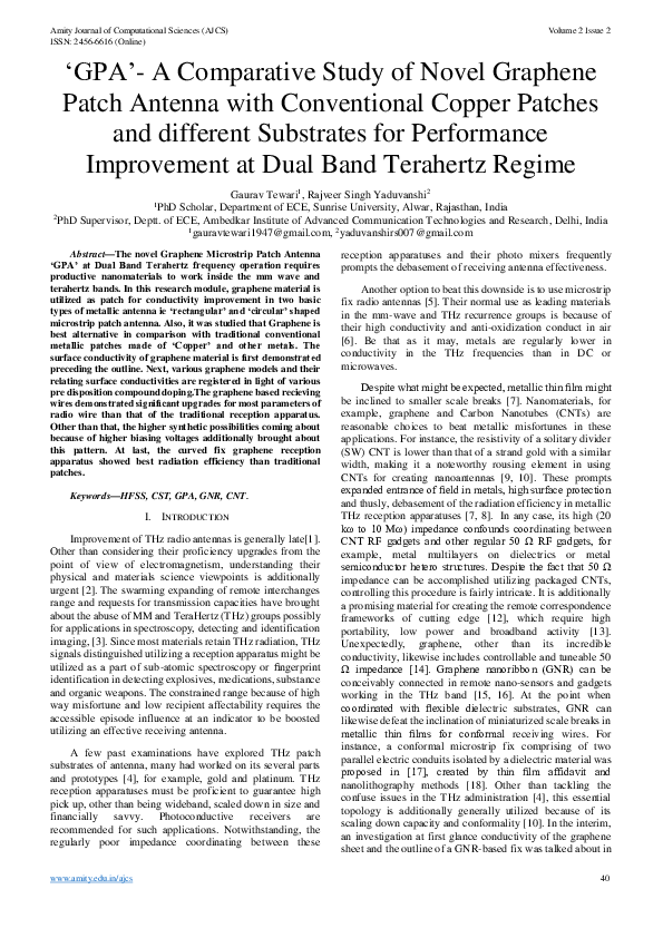 (PDF) ‘GPA’- A Comparative Study of Novel Graphene Patch Antenna with Conventional Copper ...