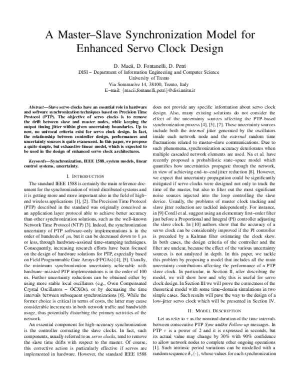 Pdf A Master Slave Synchronization Model For Enhanced Servo Clock Design