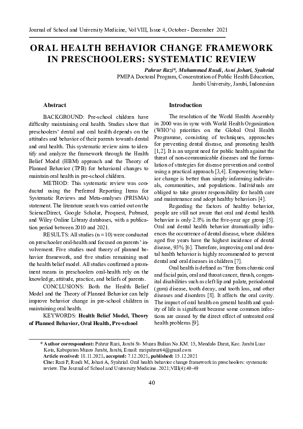 (PDF) Oral Health Behavior Change Framework in Preschoolers: Systematic Review