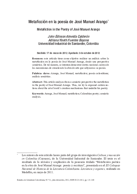 (PDF) Metaficción en la poesía de José Manuel Arango