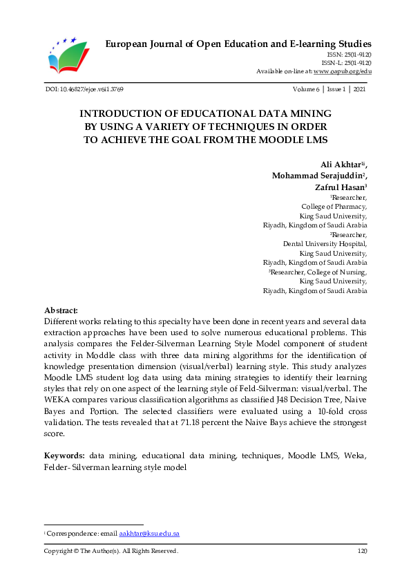 Pdf Introduction Of Educational Data Mining By Using A Variety Of Techniques In Order To