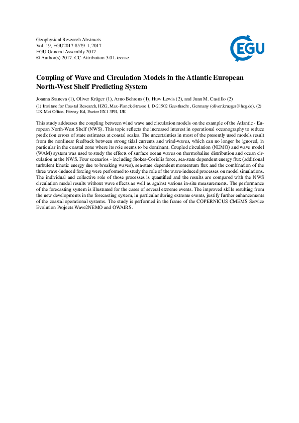 Pdf Coupling Of Wave And Circulation Models In The Atlantic European North West Shelf