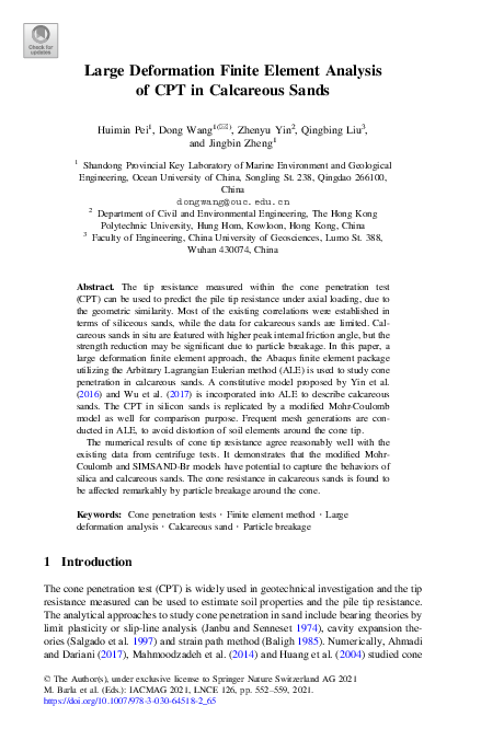 Pdf Large Deformation Finite Element Analysis Of Cpt In Calcareous Sands