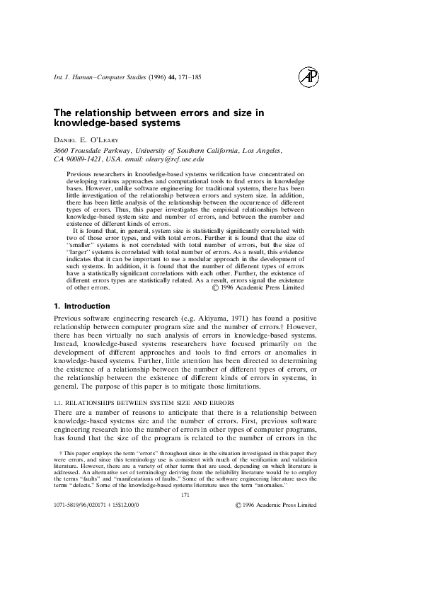 (PDF) The relationship between errors and size in knowledge-based systems