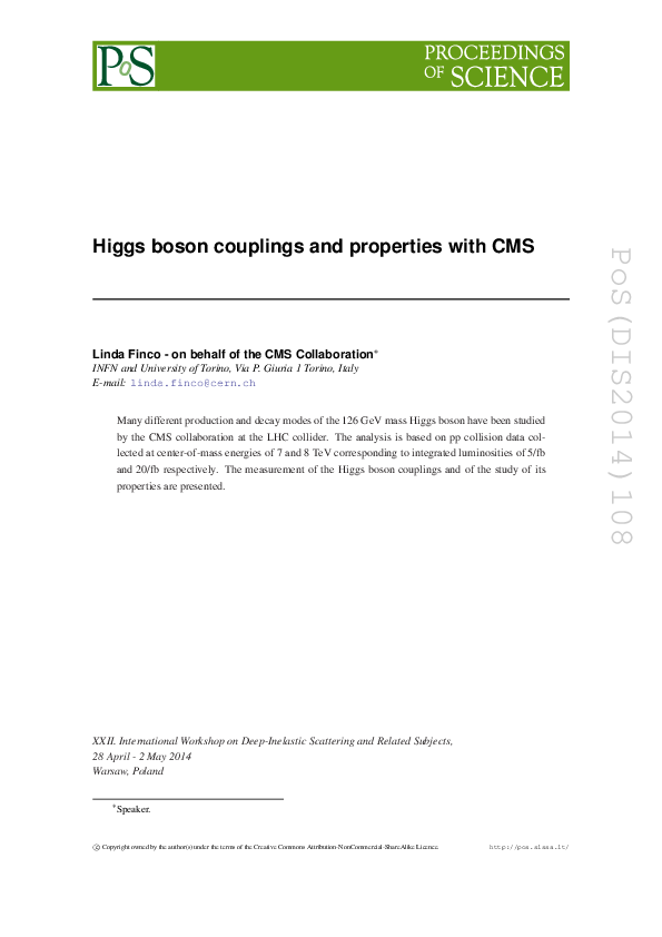 (PDF) Higgs boson couplings and properties with CMS