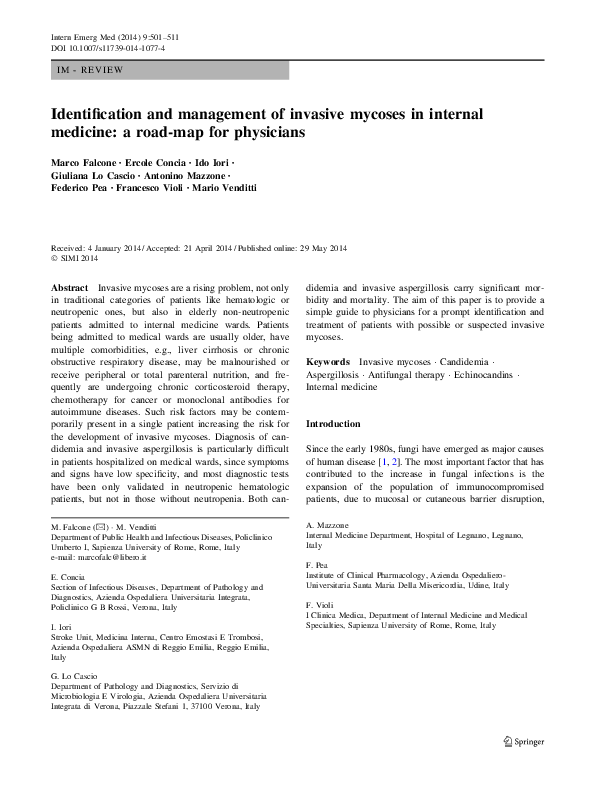 (PDF) Identification and management of invasive mycoses in internal ...