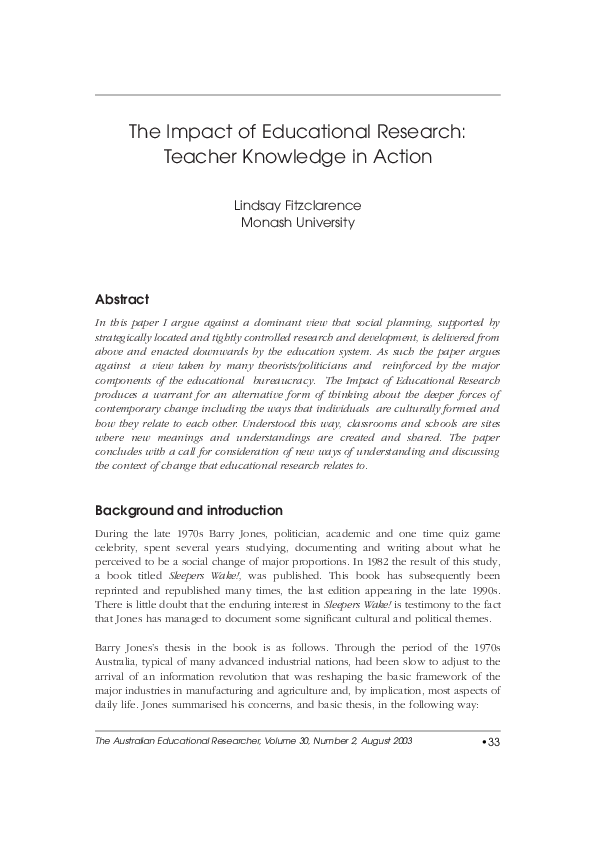 (PDF) The impact of educational research: Teacher knowledge in action