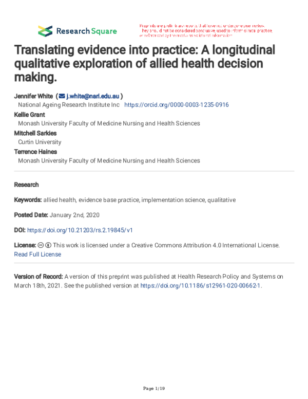 (PDF) Translating evidence into practice: A longitudinal qualitative exploration of allied ...