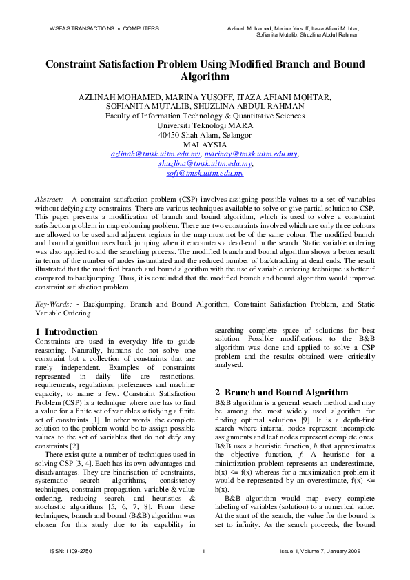 Pdf Constraint Satisfaction Problem Using Modified Branch And Bound Algorithm 