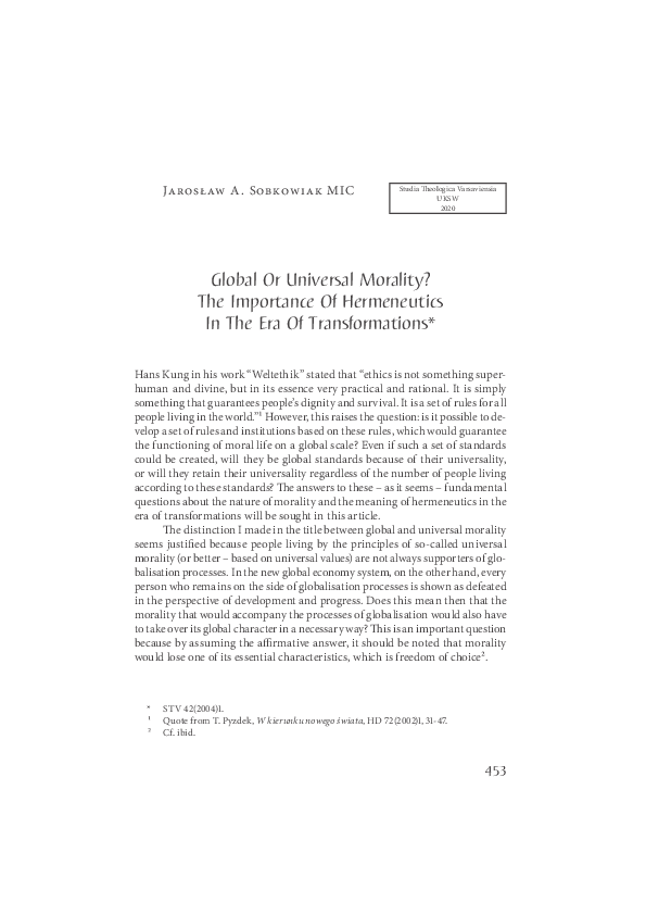 (PDF) Global Or Universal Morality? The Importance Of Hermeneutics In The Era Of Transformations