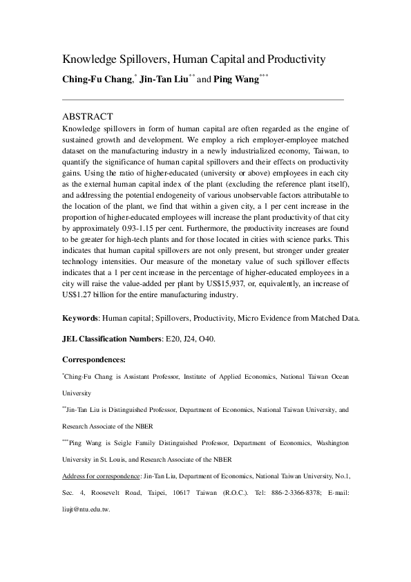 (PDF) Knowledge spillovers, human capital and productivity (PDF) Knowledge spillovers, human capital and productivity