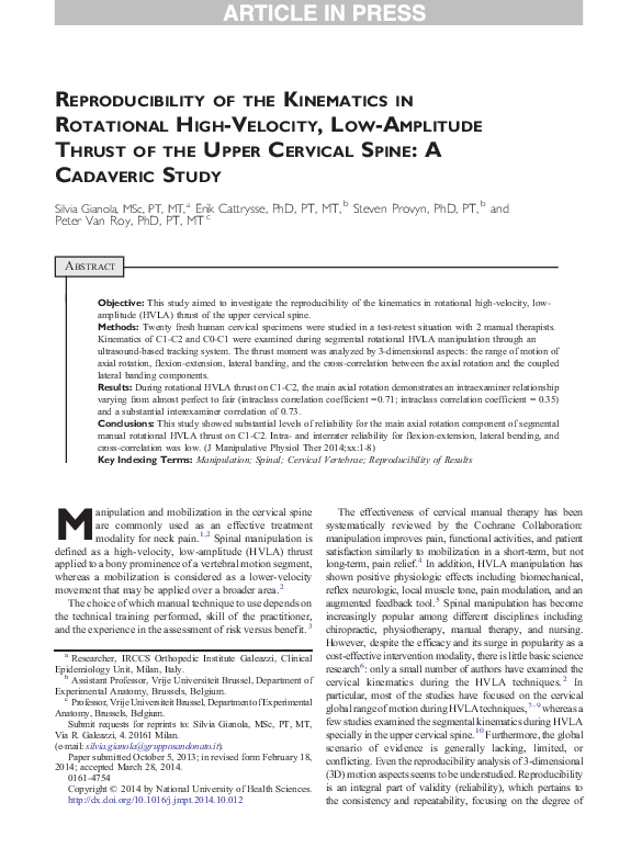 (PDF) Reproducibility of Cervical Spine HVLA Thrust