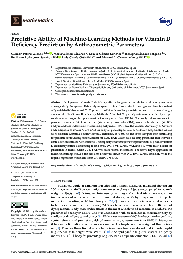 (PDF) Predictive Ability of Machine-Learning Methods for Vitamin D Deficiency Prediction by ...