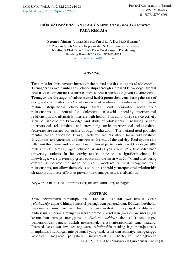 Pdf Promosi Kesehatan Jiwa Online Toxic Relationship Pada Remaja