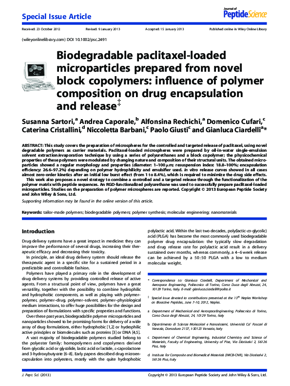 (PDF) Biodegradable paclitaxel-loaded microparticles prepared from novel block copolymers ...